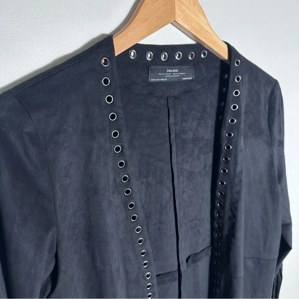 Zara | Jackets & Coats | Zara Black Fringe Openfront Jacket With Eyelet ...